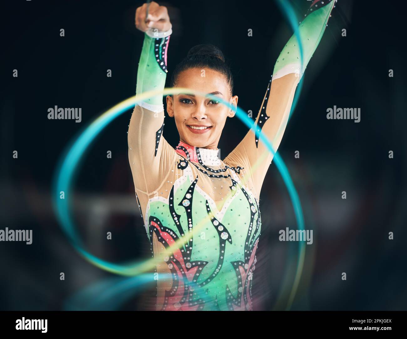 Ribbon gymnastics, woman and portrait in motion blur of dancing, talent ...