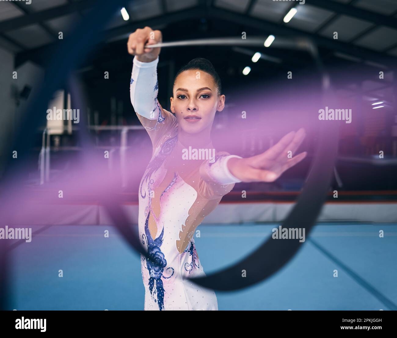 Ribbon, gymnastics and portrait of woman dance for performance, sports ...