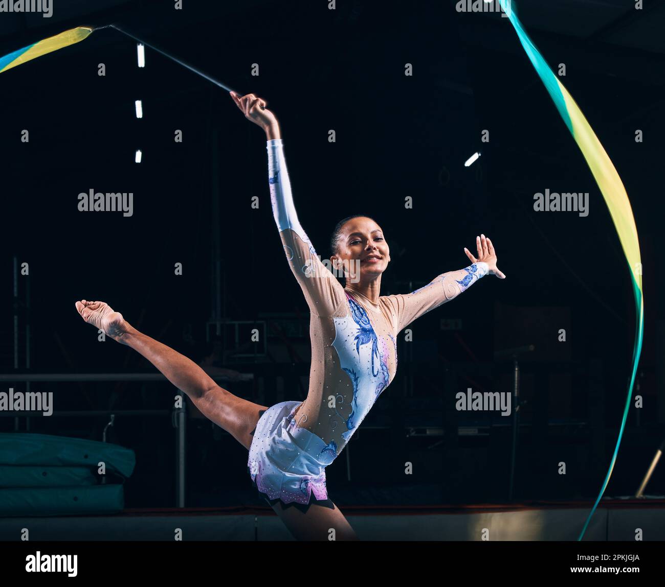 Ribbon gymnastics, woman and happy portrait of dancer in performance ...