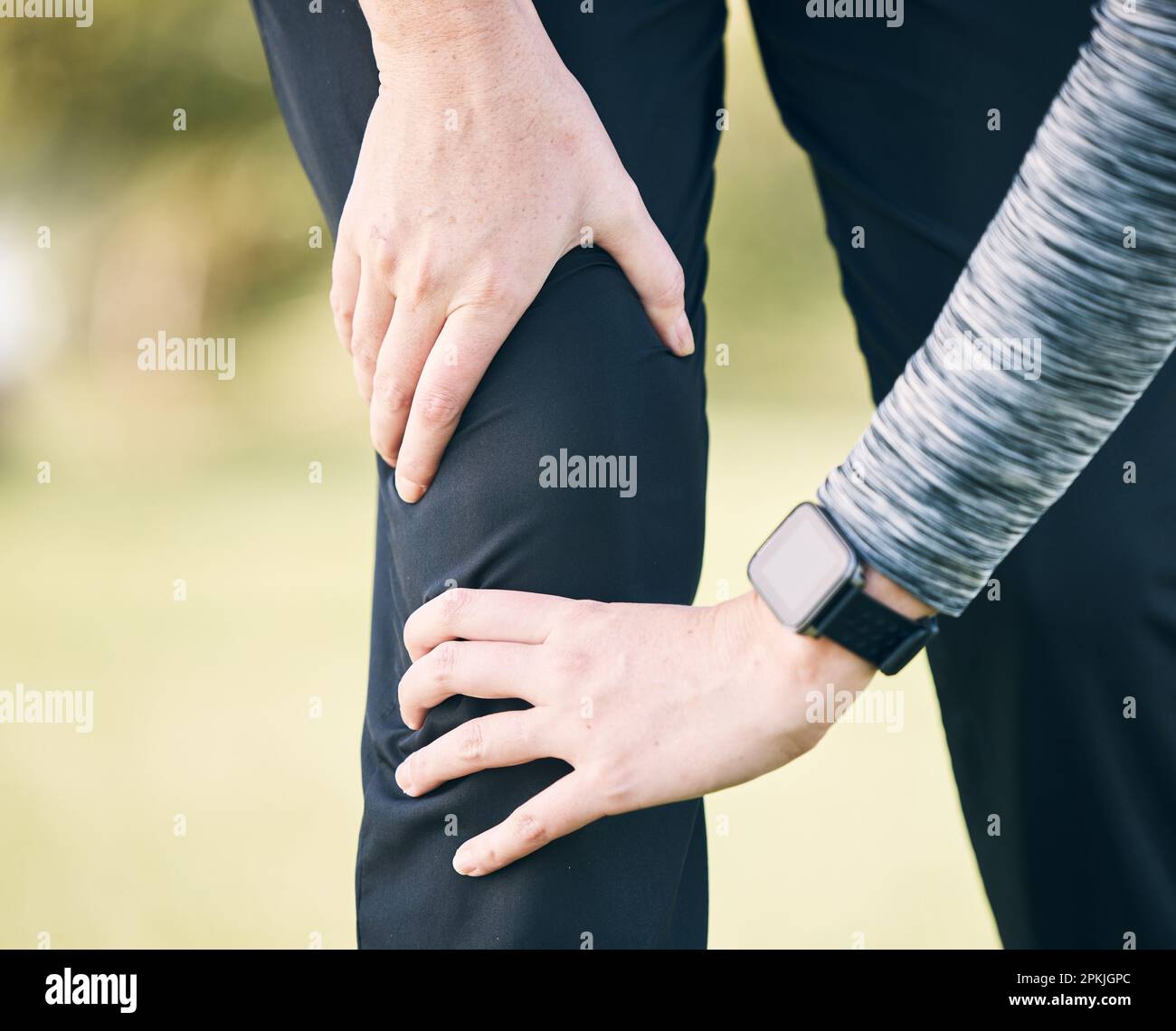 Closeup woman, knee pain and injury for fitness, first aid emergency ...