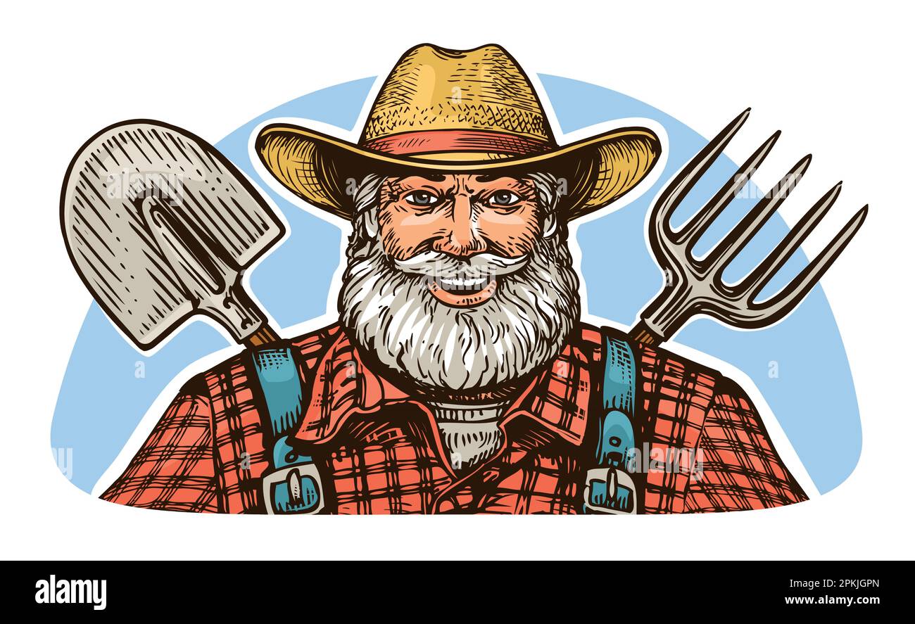 Happy elderly bearded farmer in hat with pitchfork and shovel. Farm ...