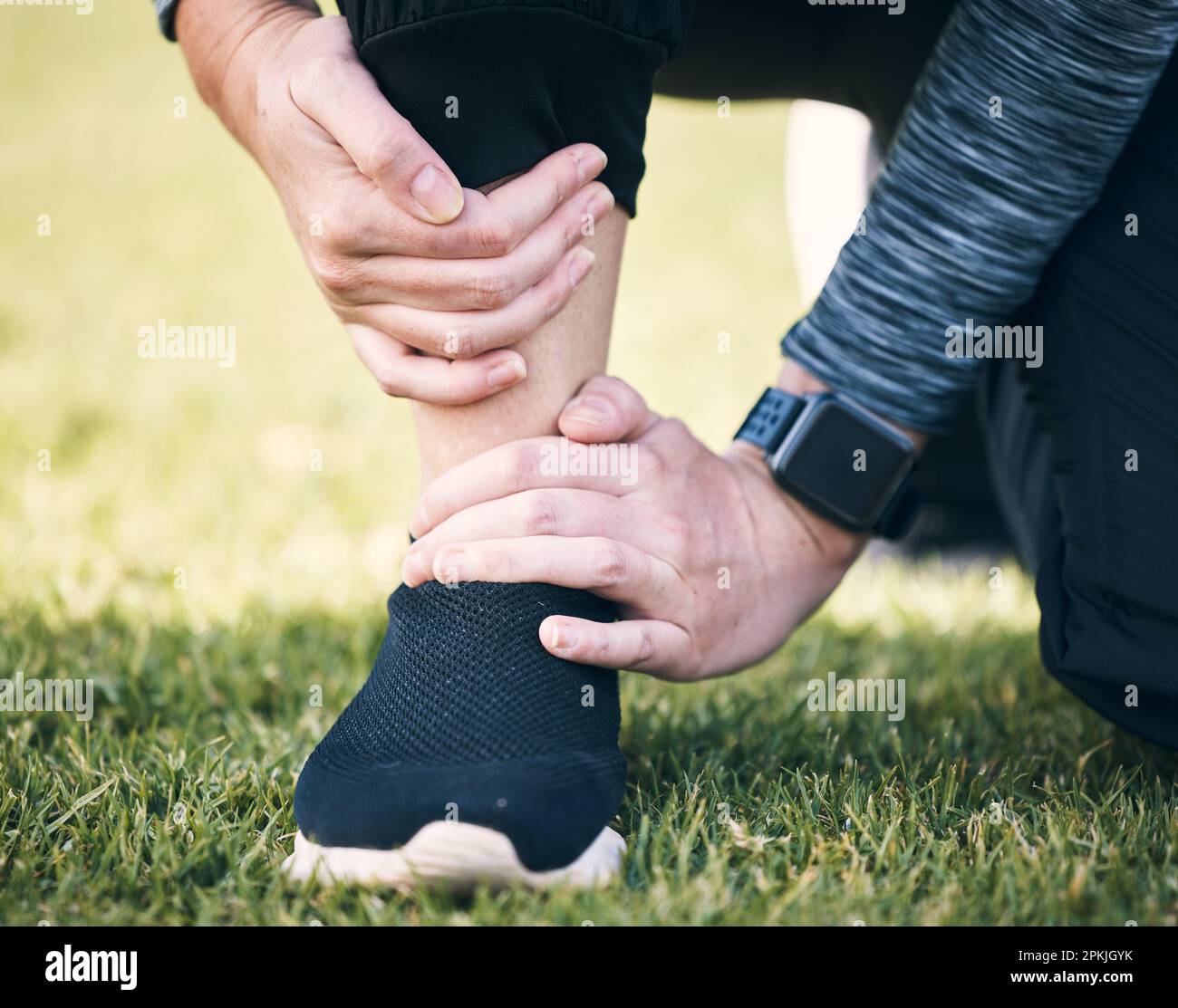 Closeup woman, pain and ankle injury outdoor from fitness accident ...