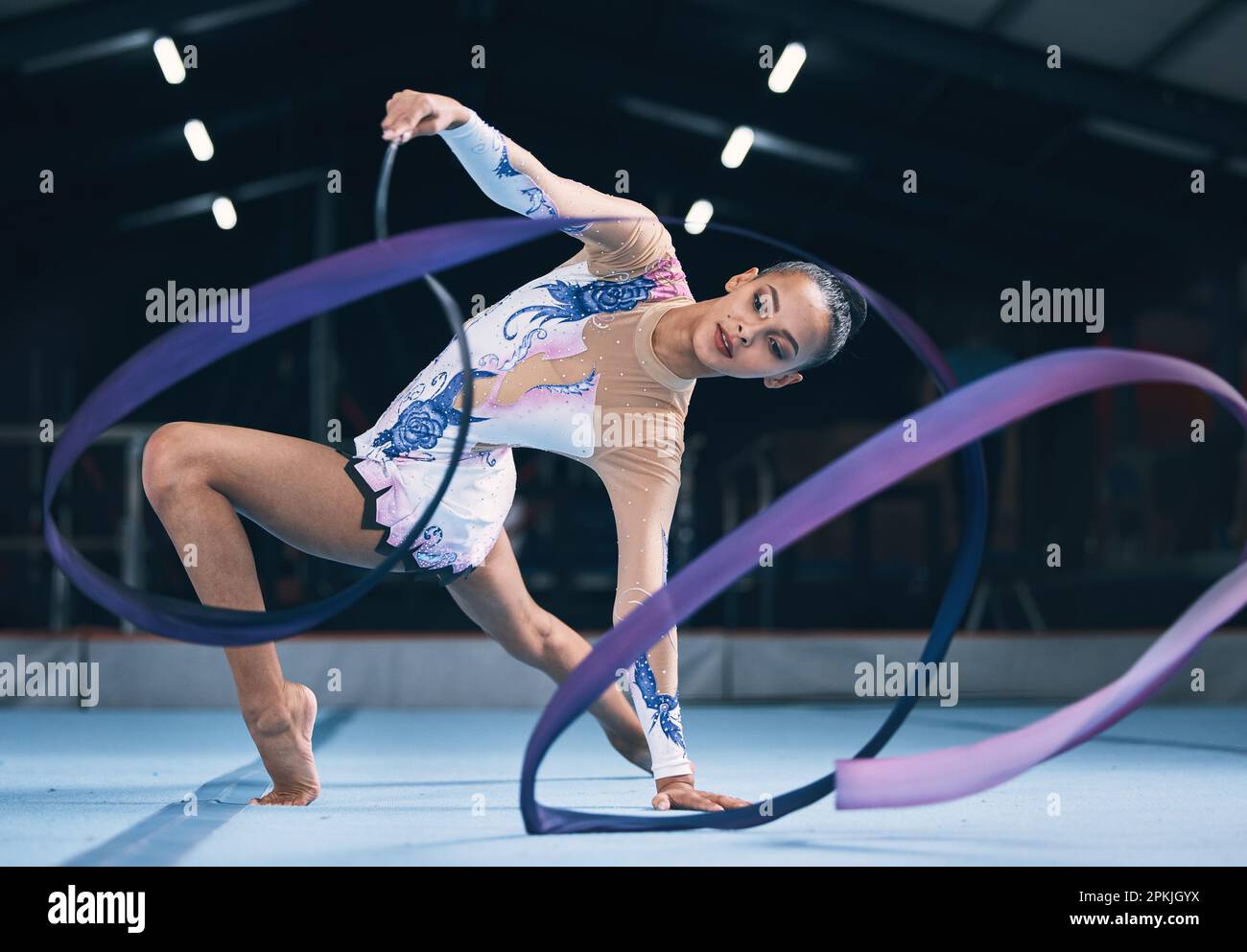 Ribbon, gymnastics and woman dancer in performance, action and sports ...