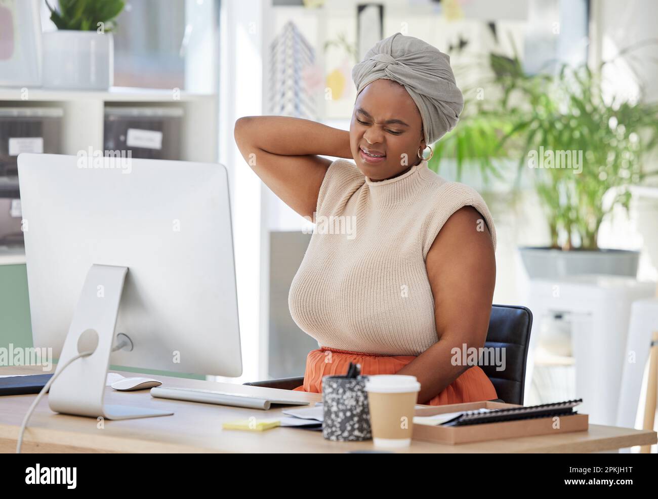Tired, office or black woman with neck pain injury, burnout or bad ache ...