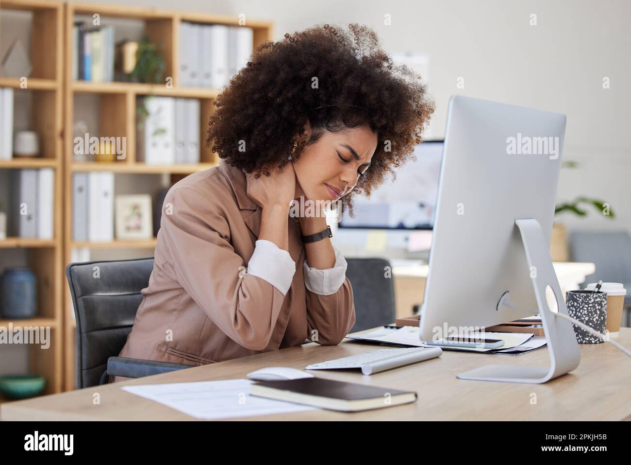 Burnout, office or woman with neck pain injury, fatigue or bad ache in ...