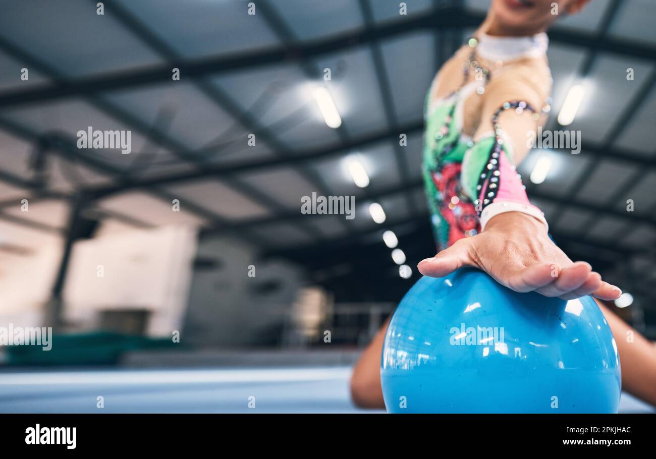 Woman hands, gymnastics and ball for performance, elegant training and ...