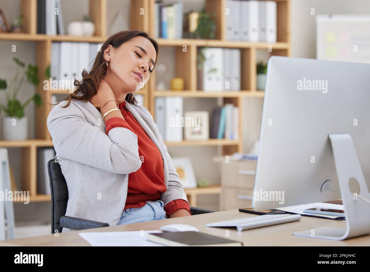 Stress, office or woman with neck pain injury, fatigue or burnout in a ...