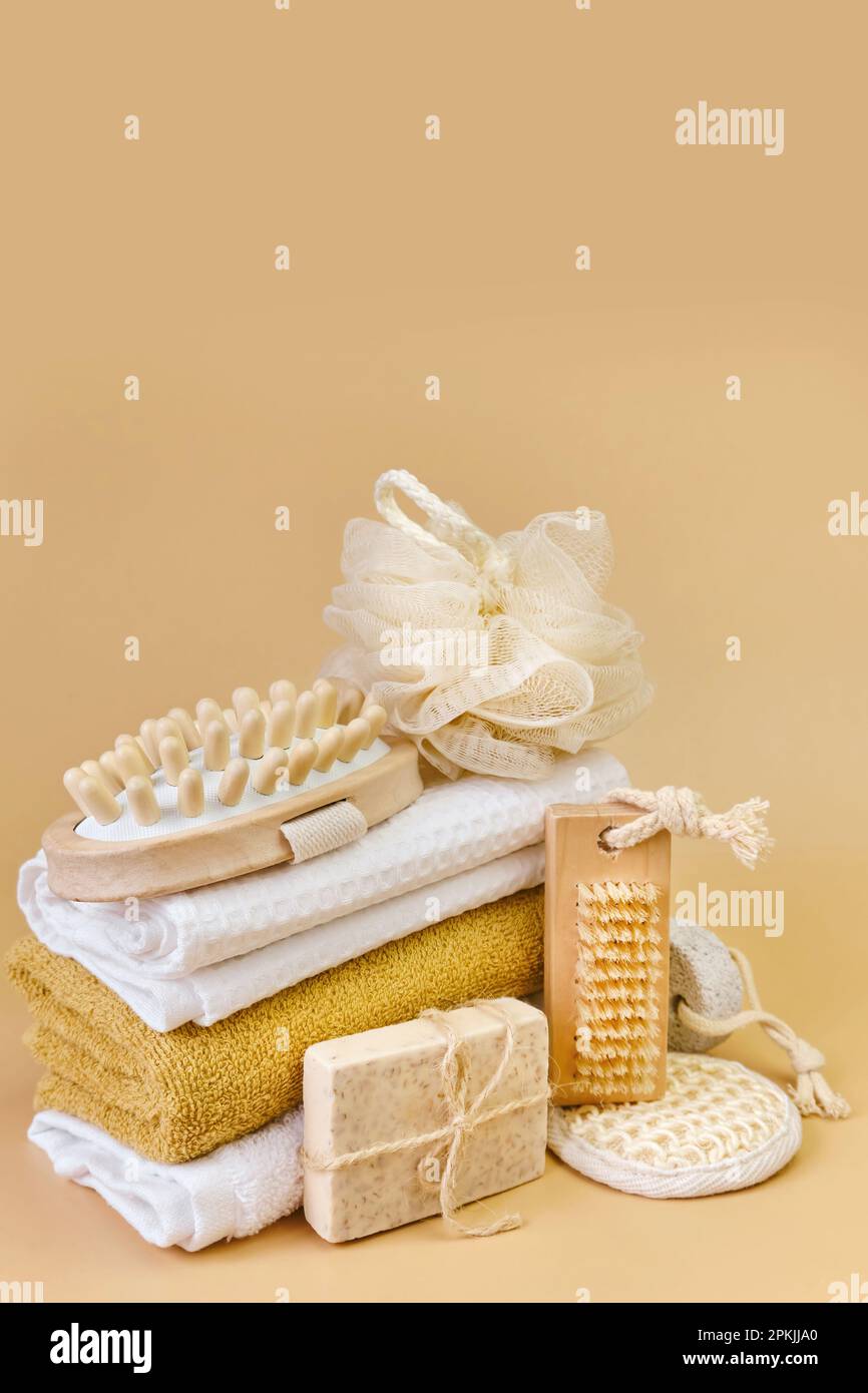 Various eco frendly items from bathroom for face and body care and hygiene on beige background ...