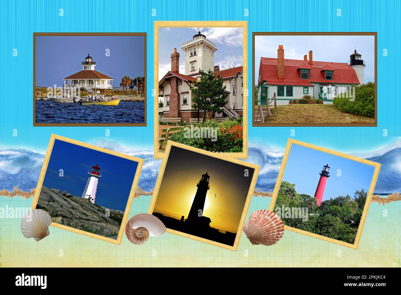 lighthouse collage, 6 photos, varied style structures, marine ...