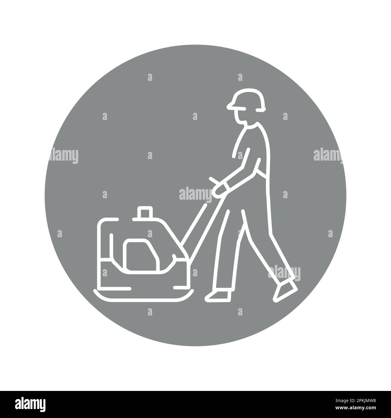 Worker with vibrating plate olor line icon. Road construction ...