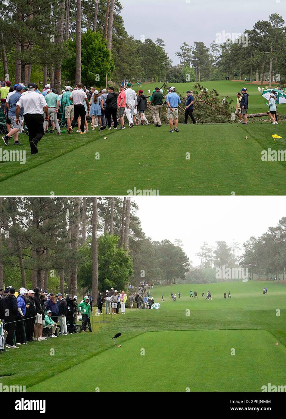 FILE - This photo combo shows fallen trees on the 17th hole on Friday ...