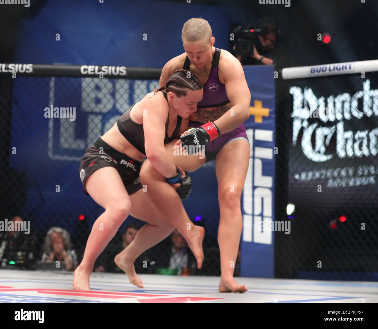 LAS VEGAS, NEVADA - APRIL 7: Olena Kolesnyk and Aspen Ladd meet in the octagon for their Women’s ...