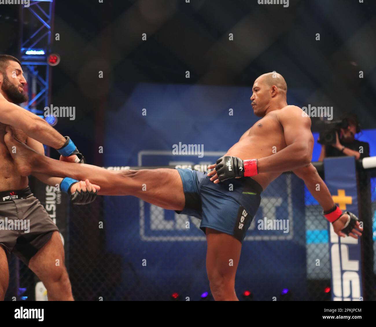 LAS VEGAS, NEVADA - APRIL 7: Renan Ferreira and Rizvan Kuniev meet in the octagon for their ...