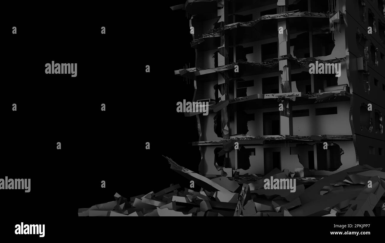 destroyed black building with copy space. 3d rendering Stock Photo - Alamy