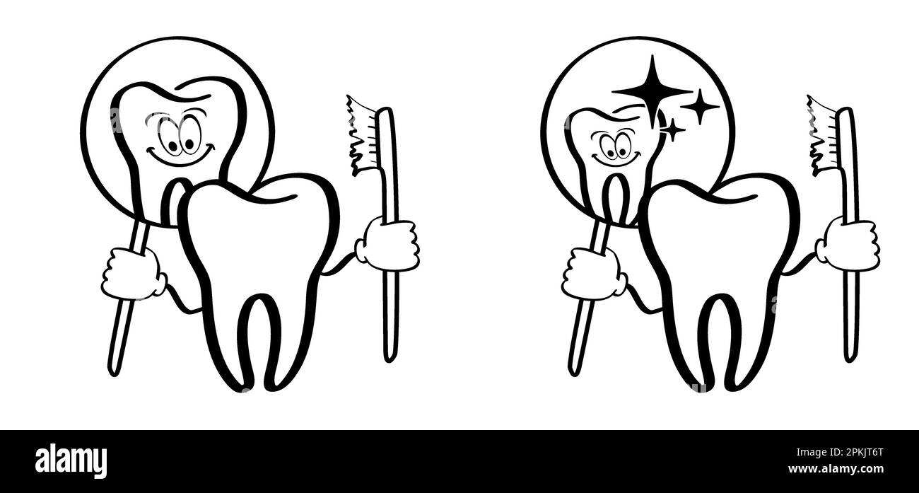 Cartoon tooth with gums and toothbrush, Molar logo and mirror. Vector ...