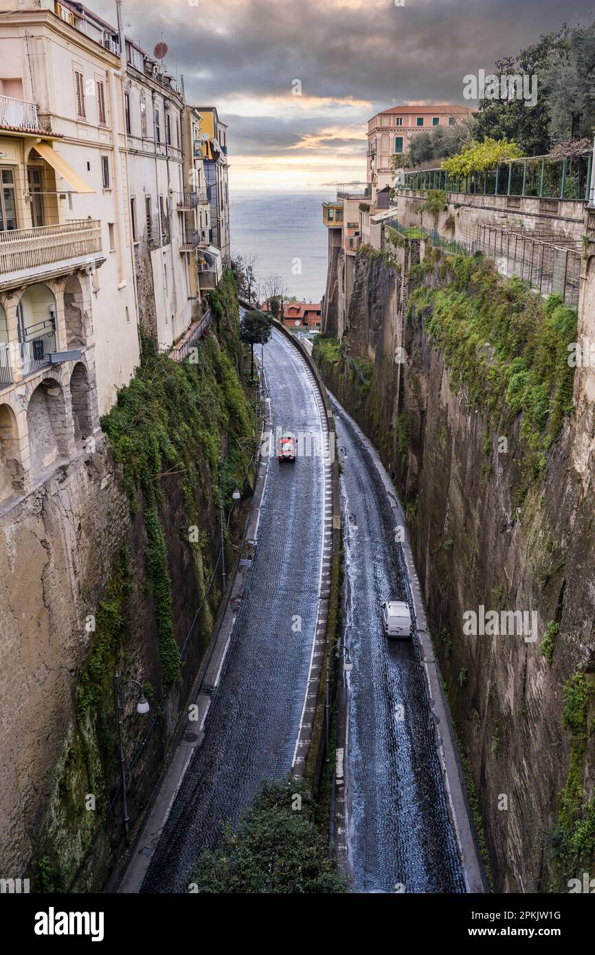 High anlge view of iconic street from Piazza Tasso at Sorrento, Italy ...