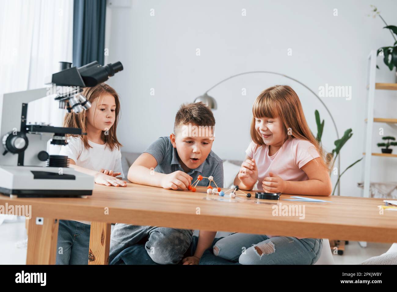 Using microscope. Kids having fun in the domestic room at daytime ...