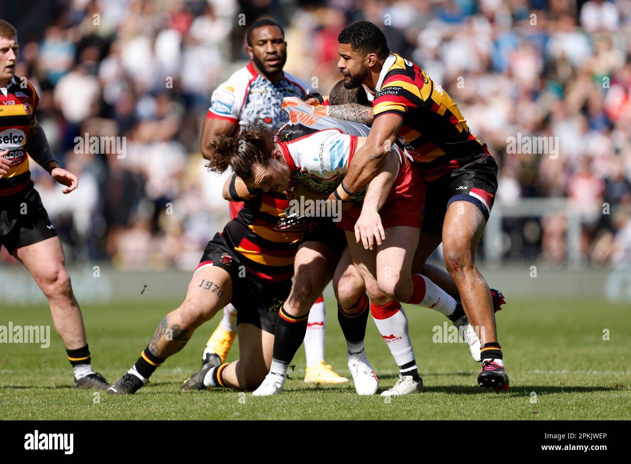 Leigh Leopards Robbie Mulhern gets tackled during the Super League ...