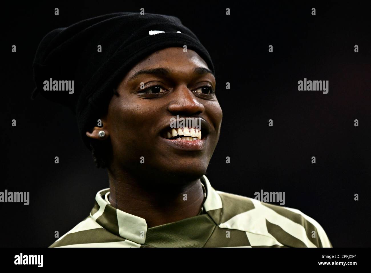 Milan, Italy. 7 April 2023. Rafael Leao of AC Milan smiles during warm ...