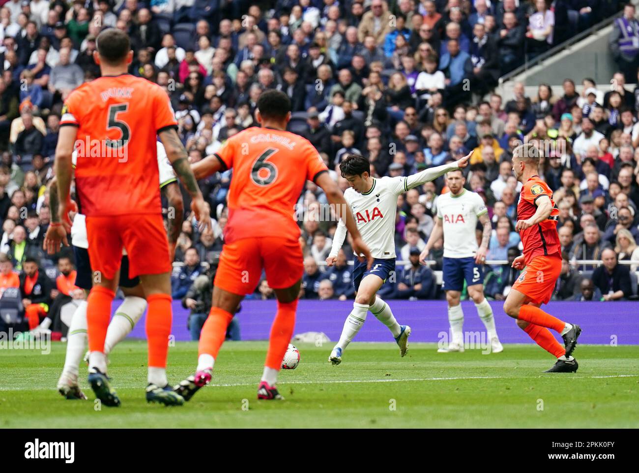 Tottenham Hotspur's Son Heung-min takes a shot on goal during the ...