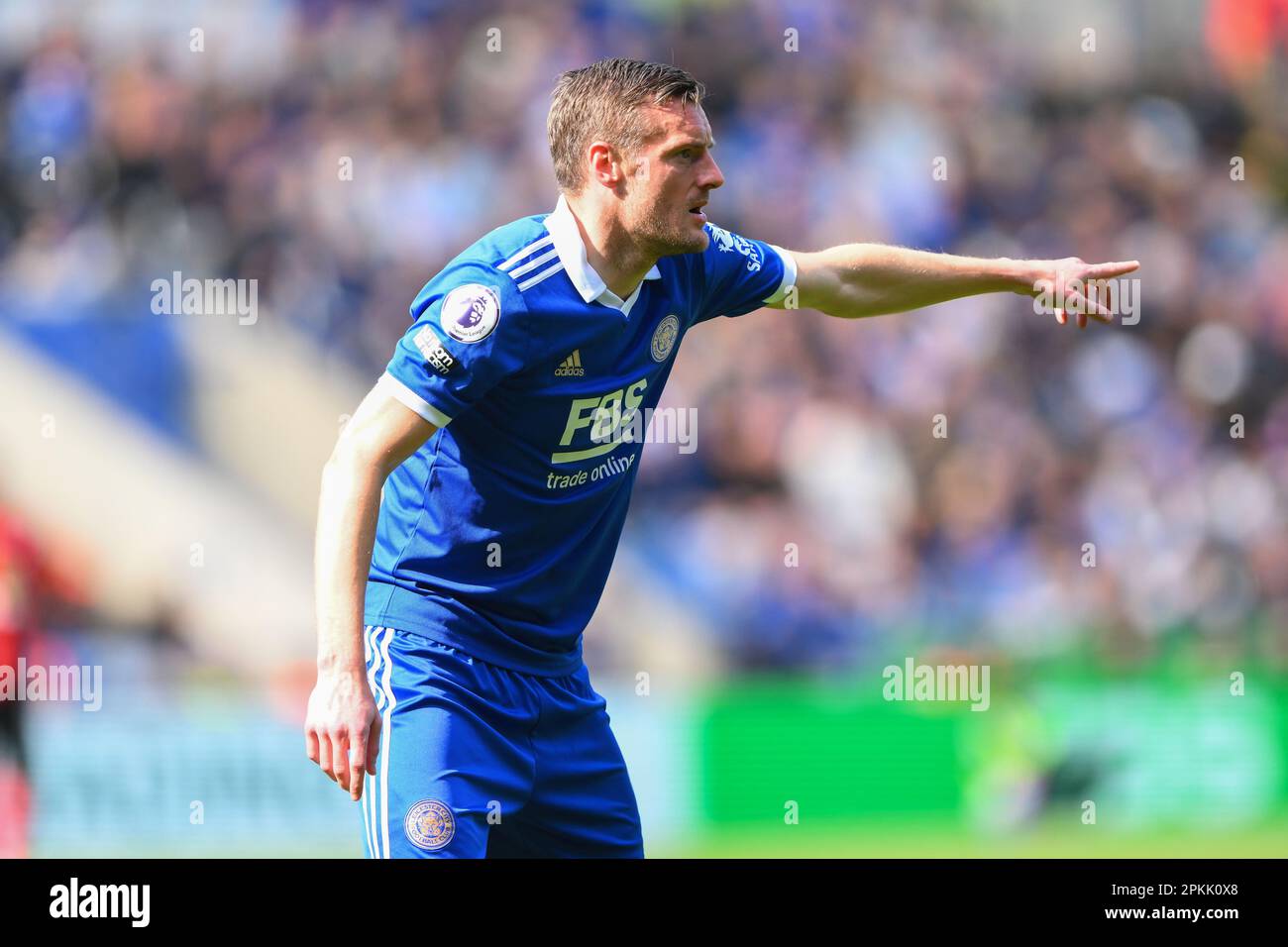 Jamie Vardy of Leicester City gestures during the Premier League match ...