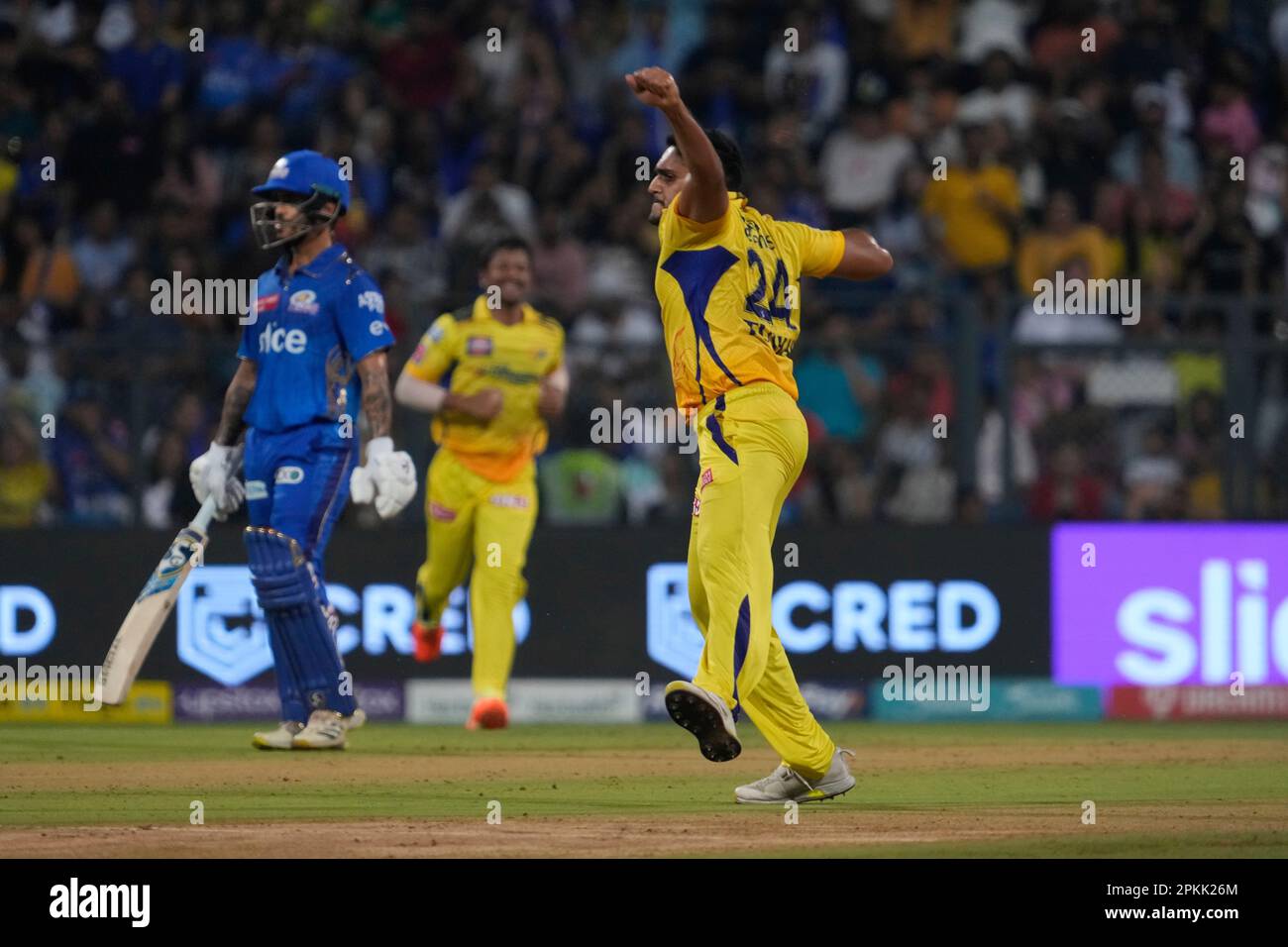 Chennai Super Kings' Tushar Deshpande celebrates the dismissal of ...