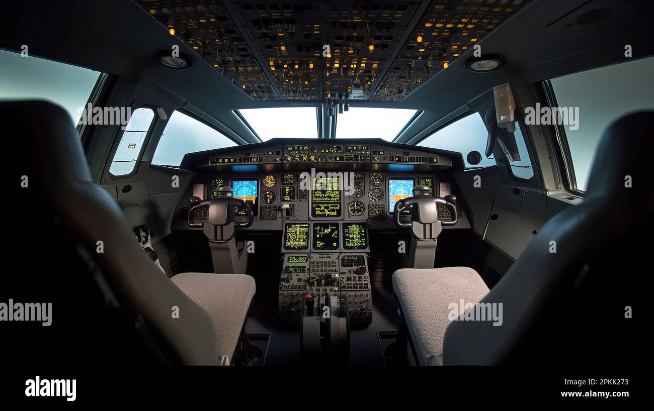 Cockpit pilot Flight Deck display. Throttle jet cabin with control ...