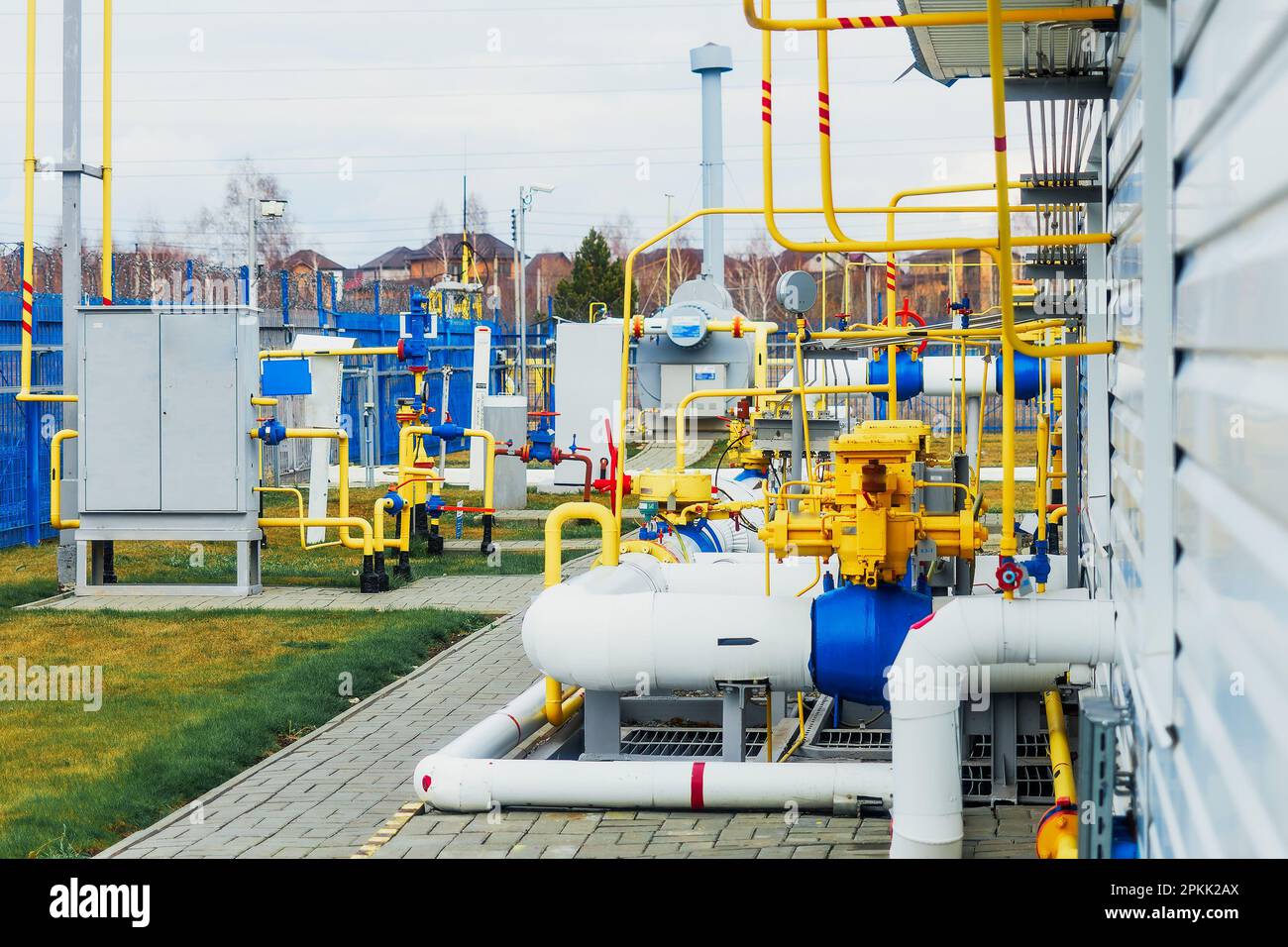 This is new gas compressor station on summer day. View of production ...