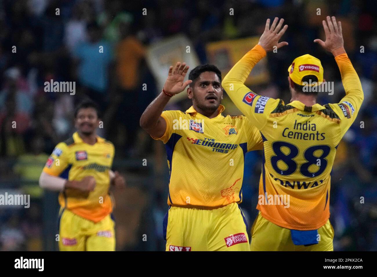 Chennai Super Kings' Tushar Deshpande celebrates the dismissal of ...