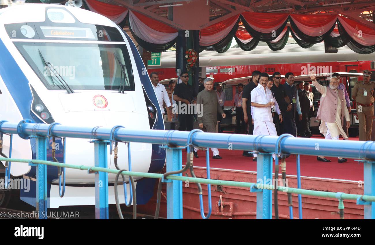 Chennai, India. 08th Apr, 2023. Prime Minister Narendra Modi flags off the 'Vande Bharat’ super ...