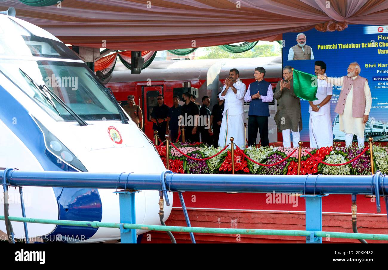 Chennai, India. 08th Apr, 2023. Prime Minister Narendra Modi flags off the 'Vande Bharat’ super ...