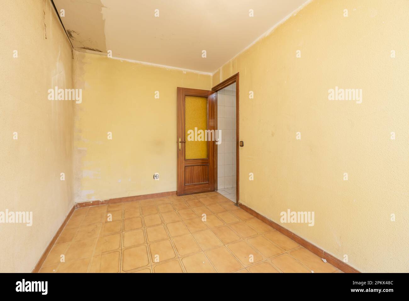 An empty room with poorly painted walls and a sapele wood door with ...