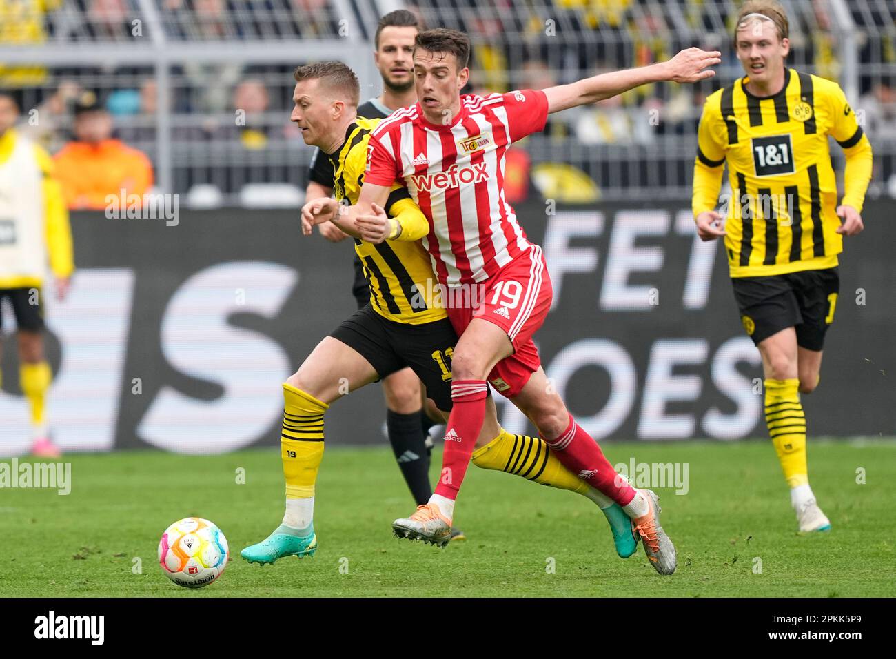 Union's Janik Haberer, right, challenges Dortmund's Marco Reus during ...