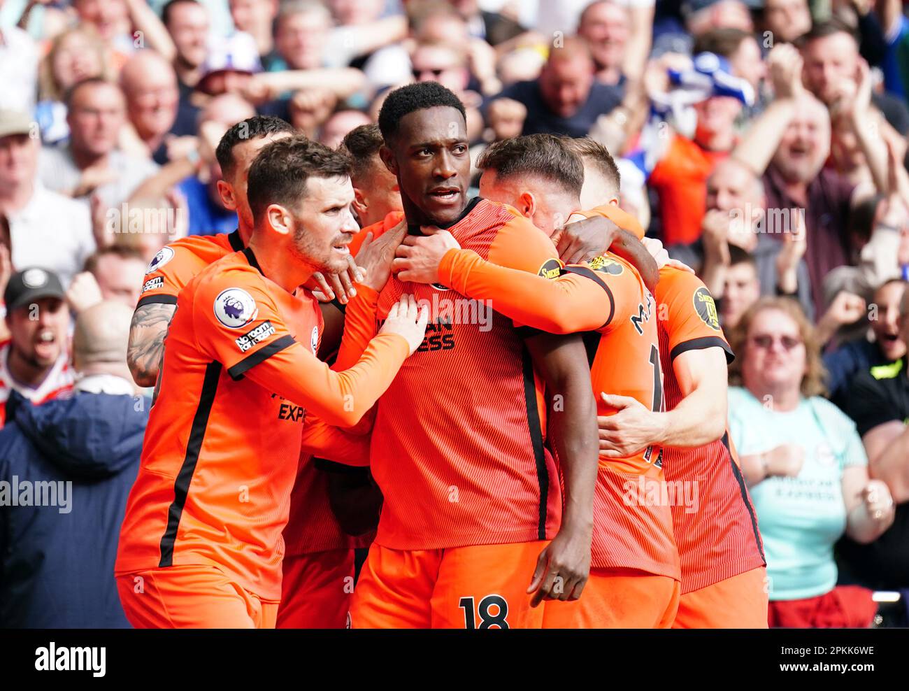 Brighton and Hove Albion's Danny Welbeck (centre) celebrates a goal ...