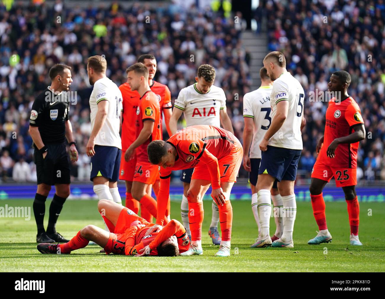 Brighton and Hove Albion's Pascal Gross reacts to a challenge from ...