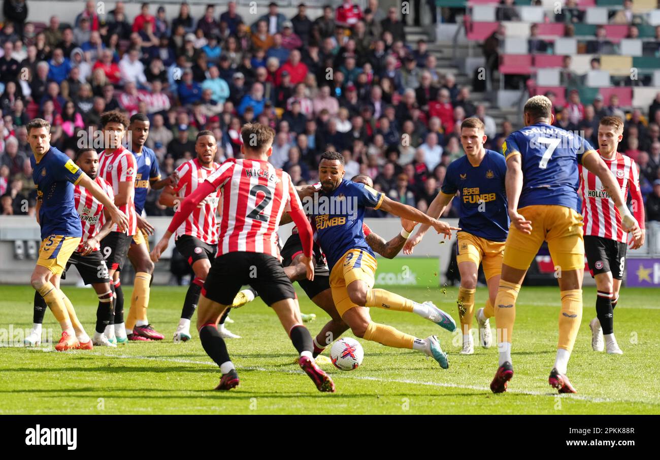 Newcastle United's Callum Wilson scores before being ruled out by VAR during the Premier League ...