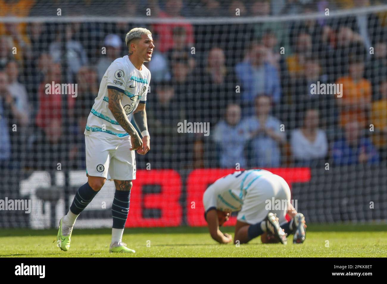 Enzo Fernández #5 of Chelsea appeals to referee Peter Bankes during the ...