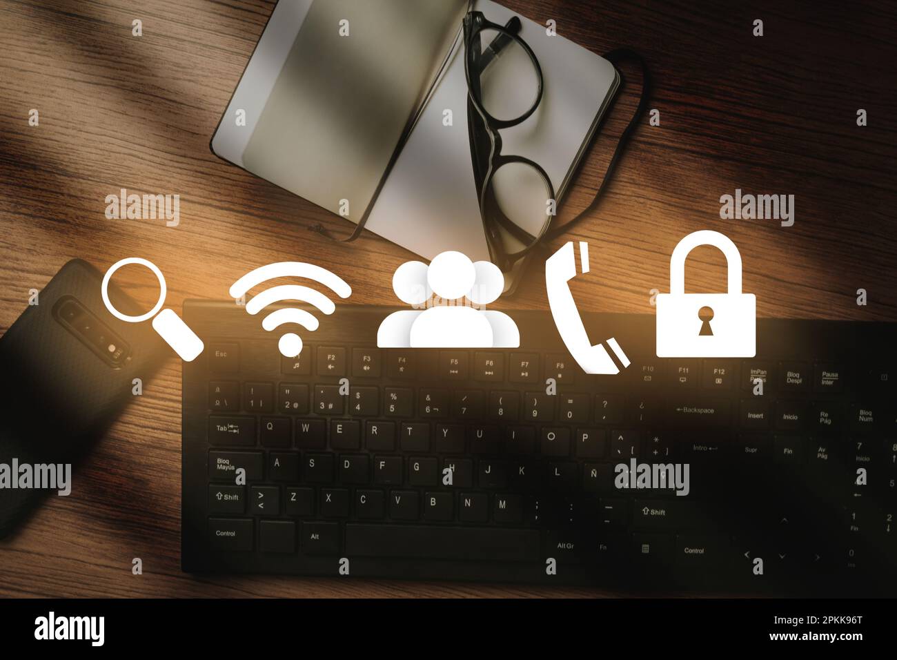 Vintage desktop photo with customer support interface and copy space ...