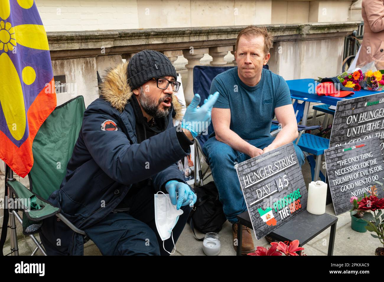 London, UK. 8 April 2023. Angus Rose (Right) and British-Iranian ...