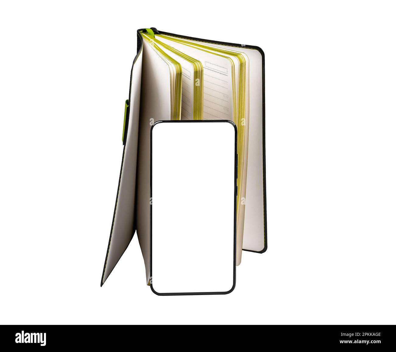 Mobile phone screen mockup on business paper planner isolated on white ...