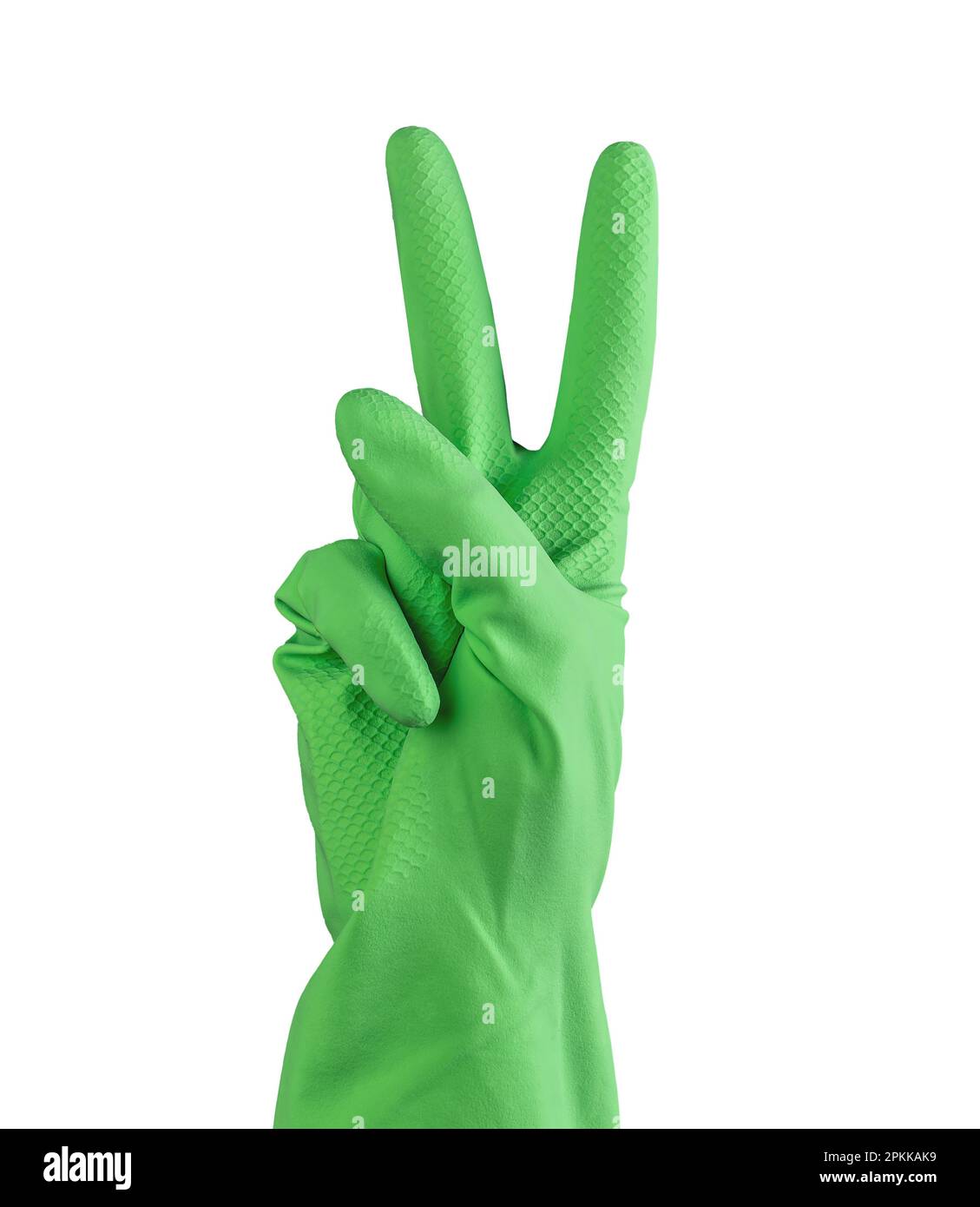 Hand in green rubber glove showing victory sign, V symbol with fingers ...