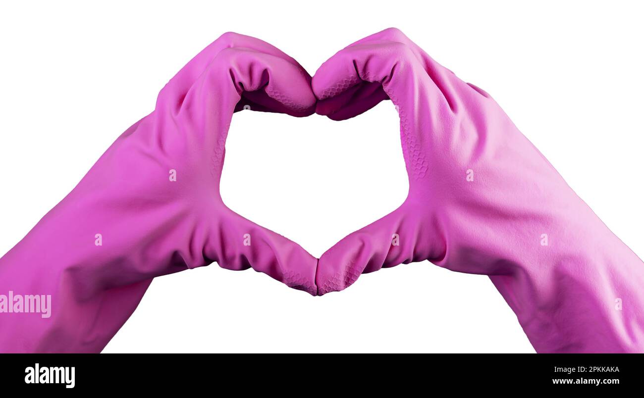 Heart-shaped sign, gesture with hand in violet gloves of cleaner ...