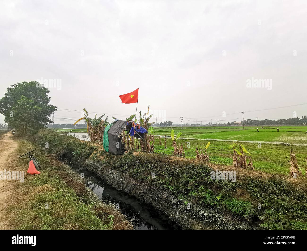 Hai Duong, Vietnam. 01st Mar, 2023. A Vietnamese flag flies over a hut ...