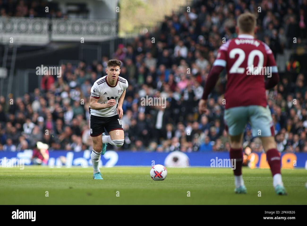 London, UK. 08th Apr, 2023. Tom Cairney of Fulham dribbling forwards ...