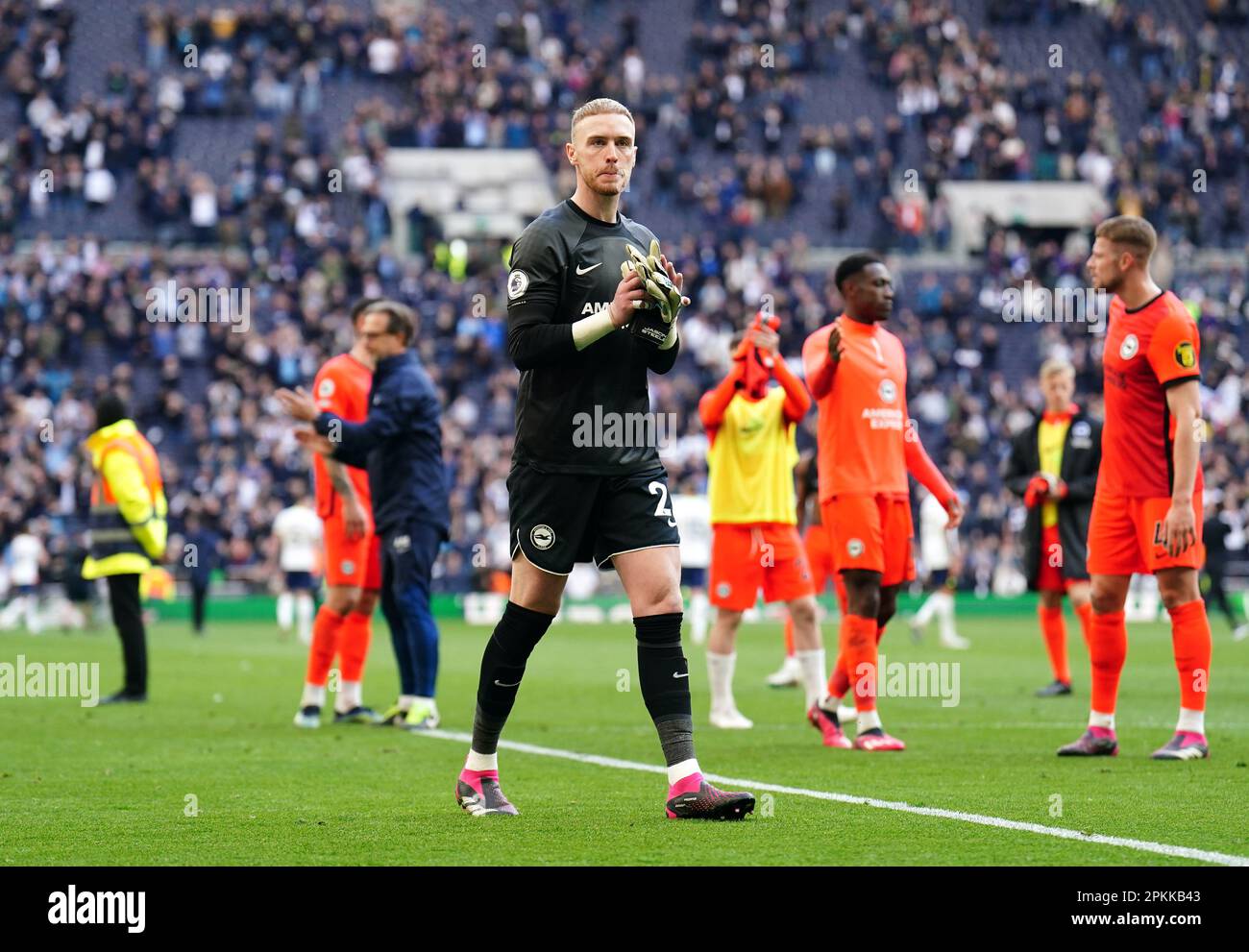 Brighton and Hove Albion goalkeeper Jason Steele reacts following the ...