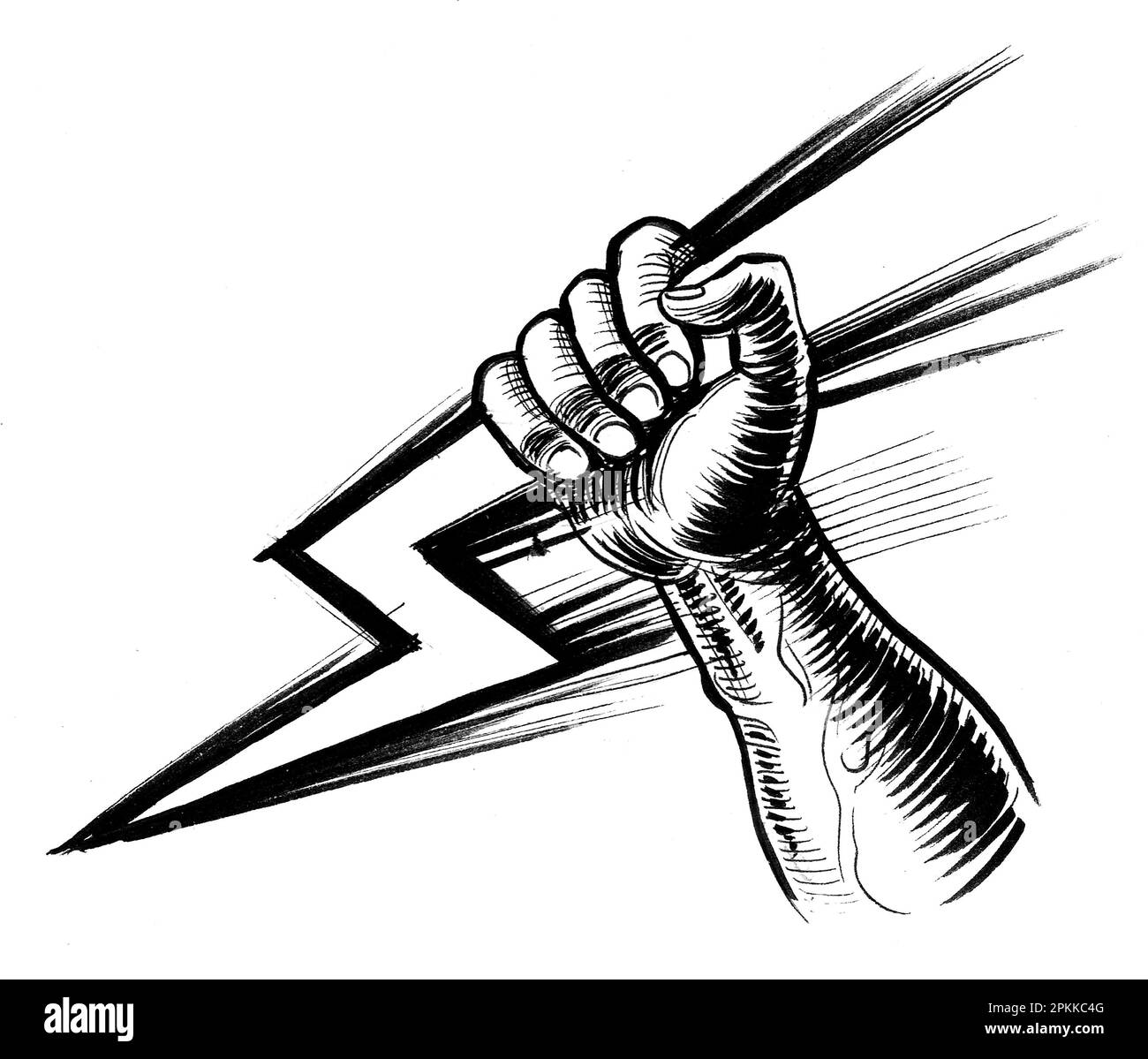 Hand with lighting bolt. Ink black and white drawing Stock Photo - Alamy