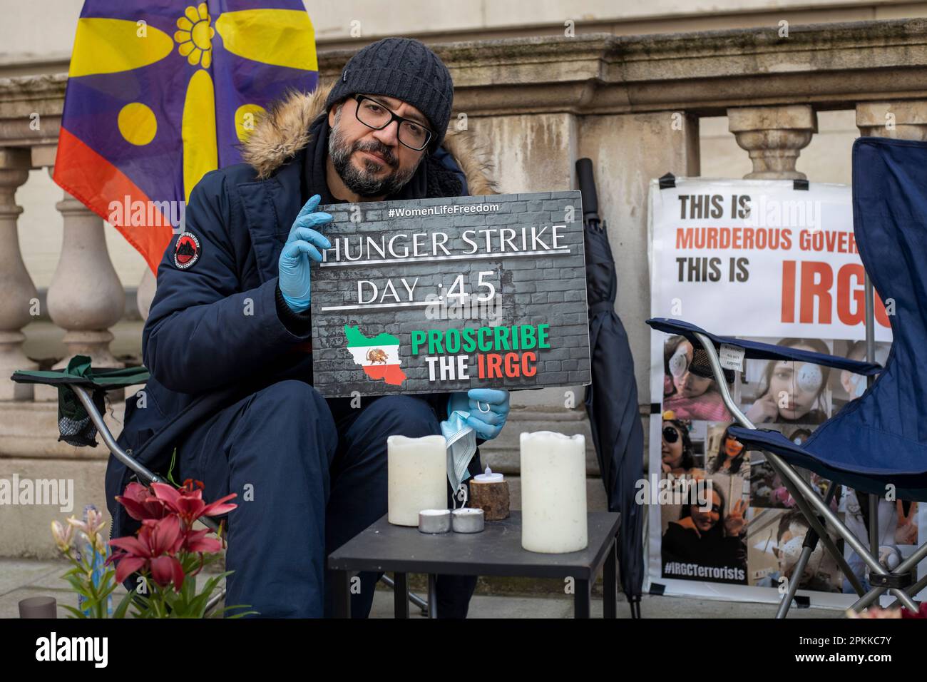London, UK. 8th Apr, 2023. The Iranian diaspora, assembled outside the ...
