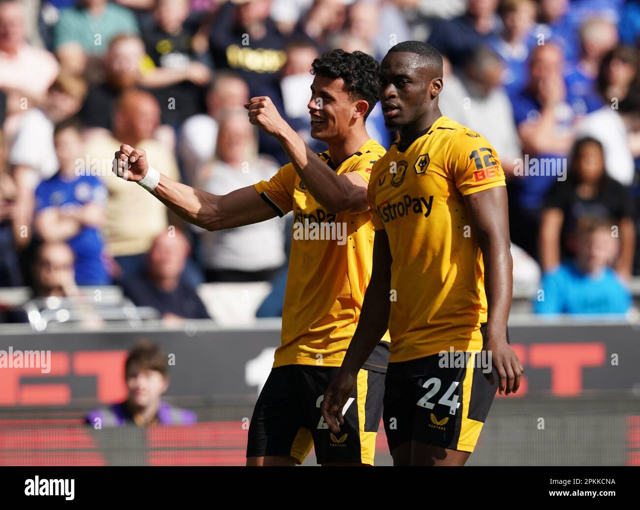 Wolverhampton Wanderers' Matheus Nunes (left) celebrates scoring their ...
