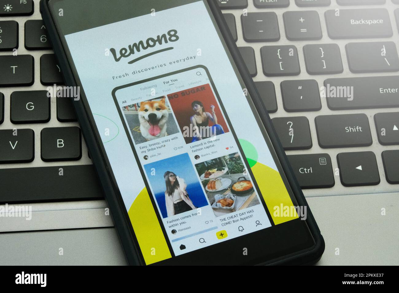 Benidorm, Spain - April 08, 2023: Smartphone screen with Lemon8 app. Lemon8 is photo-based app ...