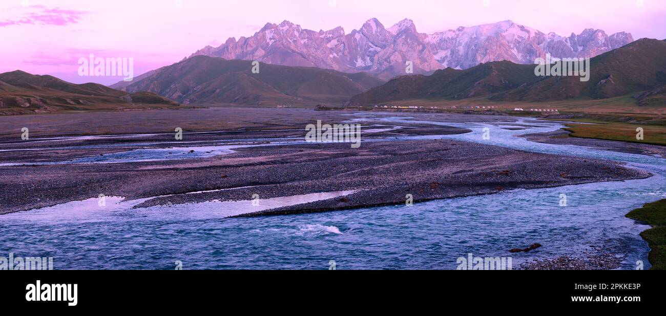 Sunrise over the Central Tian Shan Mountains and glacier river ...